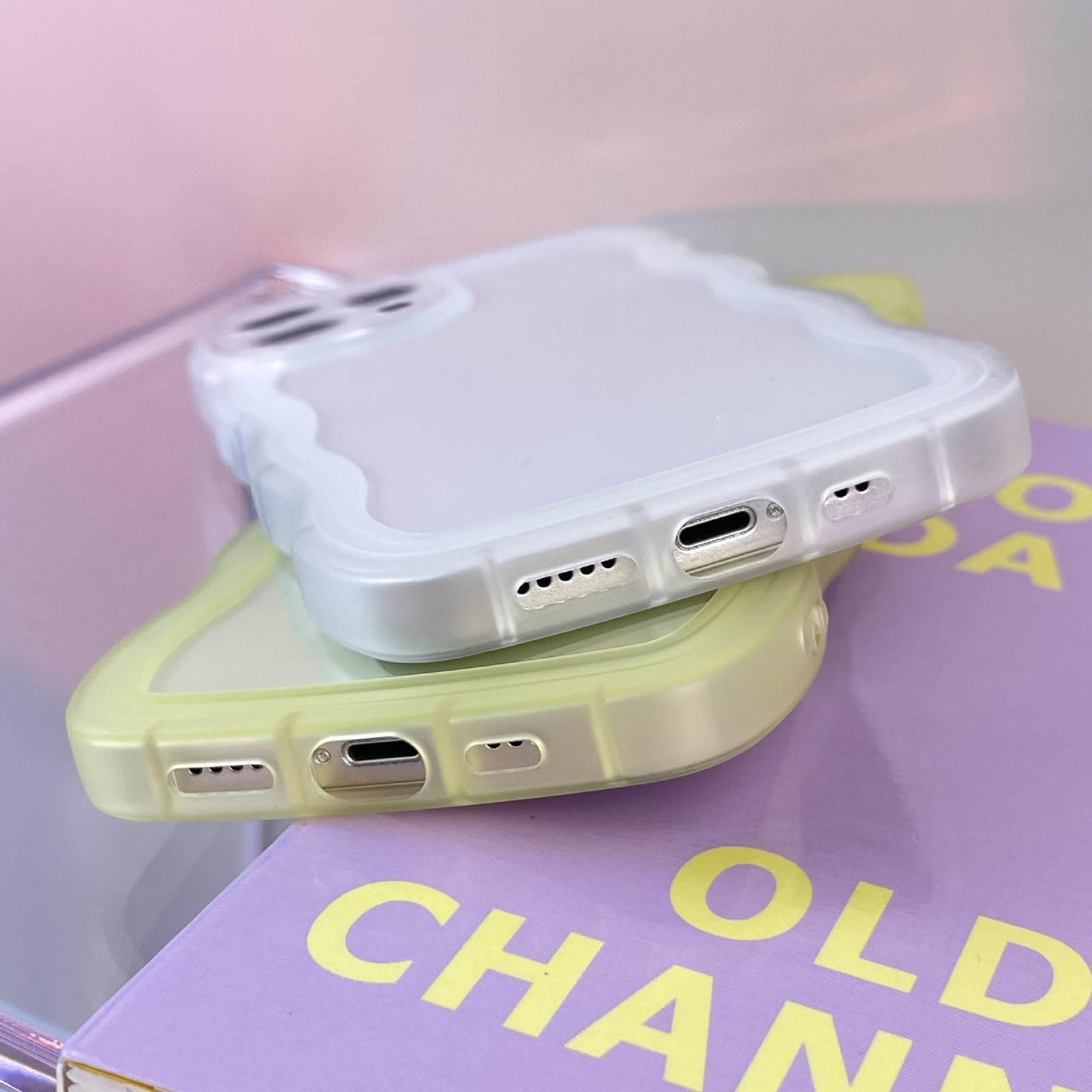 Eiyikof Compatible with iPhone 13 Pro Max Clear Case,Cute Solid Color Curly Wave Frame Transparent Soft Silicone Anti-Scratch Shockproof Protective Slim Case for Women Girls-Purple
