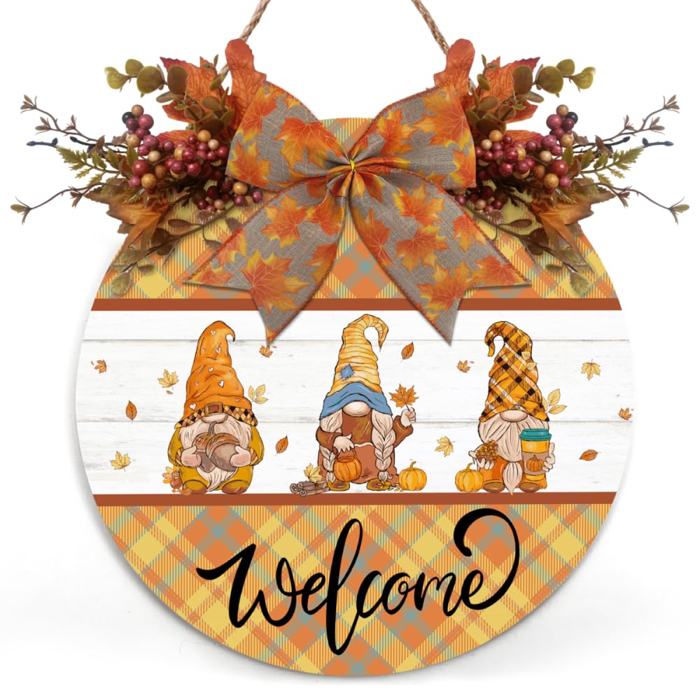 Thanksgiving Door Sign Wreath Welcome Fall Door Sign 12in Wooden Autumn Sign with Bowknot Fall Gnomes Decoration for Home Front Door Porch Thanksgiving Hanging Sign
