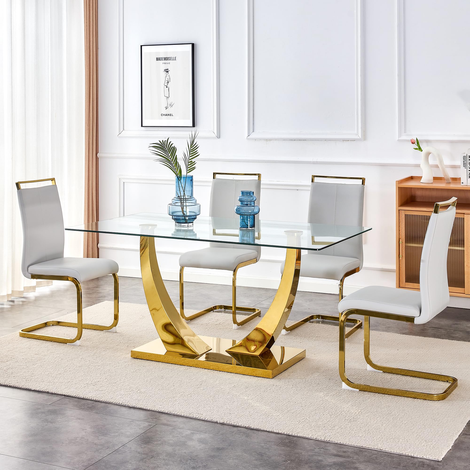 63" Glass Dining Table for 4 to 6 People, Modern Minimalist Kitchen Table with Tempered Glass Tabletop and Gold Metal Base, Large Rectangle Dining Room Table for Kitchen Dining Room