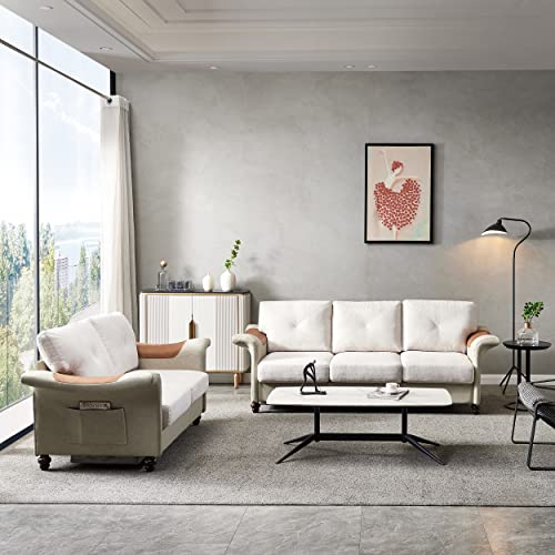 RUNWON Modern Living Room Sectional Furniture Set Include 2+3 Seat Sofa,Linen Fabric Faux Leather with Wood Leg, Beige