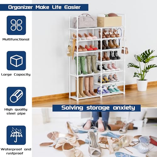 Mavivegue Metal Shoe Rack Organizer, 7 Tiers Tall Shoe Shelf Storage, Vertical Large Boot Rack, Stackable Shoe Racks for Entryway, Closet, Garage, Bedroom, Cloakroom -White
