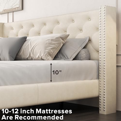 Lonkwa Full Size Bed Frame with Upholstered Wingback Headboard, Beige Platform Bed Frames with Tufted Diamond Button Headboard, Sturdy Wooden Slats, Noise-Free, Easy Assembly