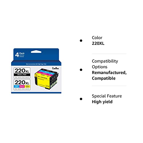 High Yield 220XL Ink Cartridges Remanufactured Replacement for Epson 220 XL Combo Pack Use with WF-2760 WF-2750 WF-2660 WF-2650 WF-2630 XP-424 XP-420 XP-320( Black Cyan Magenta Yellow 4 Pack)