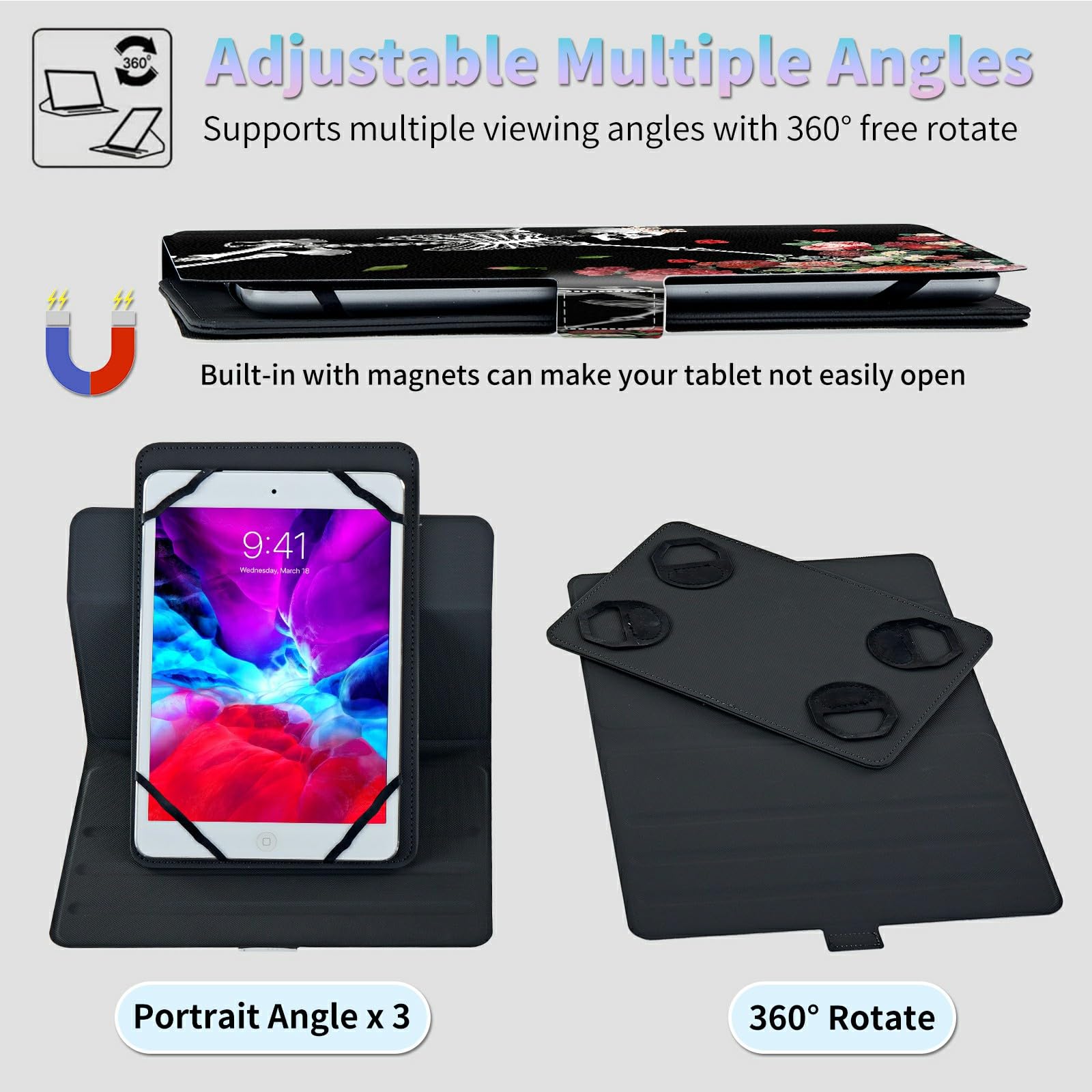HEAKIERG Universal Tablet Case for Google Pixel 11 Inch 2023, Lightweight Flip Stand and Adjustable Protective Cover Case for Google Pixel 11" Tablet, Skull Rose