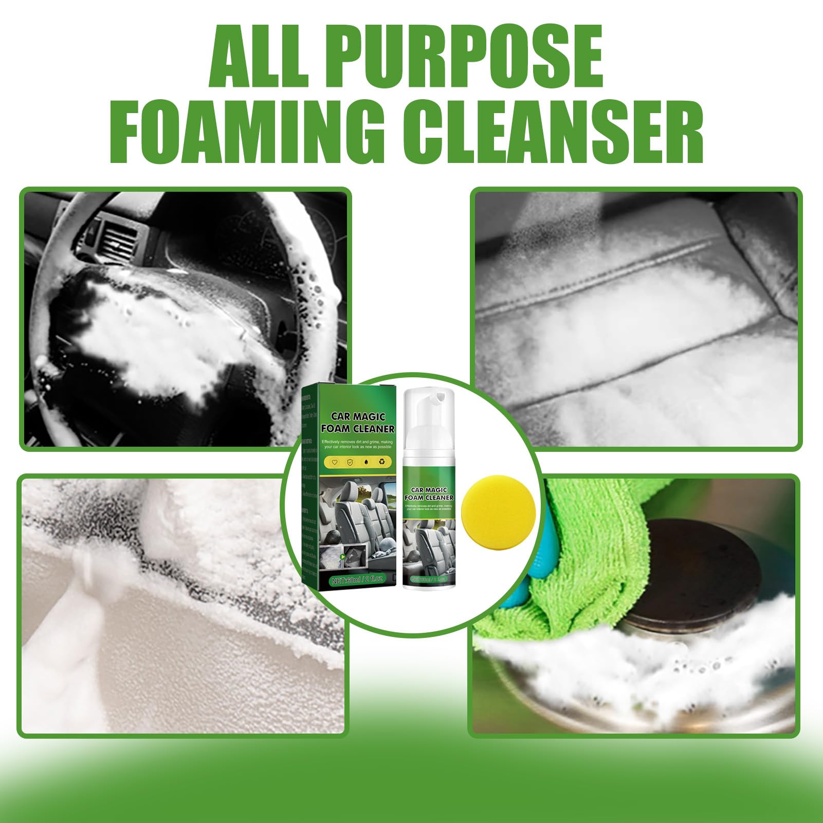 Ganbaro Car Magic Foam Cleaner, Powerful Upholstery and Car Seat Stain Remover, Multipurpose Foam Cleaner for Car Detailing - 60ml with Cleaning Sponge