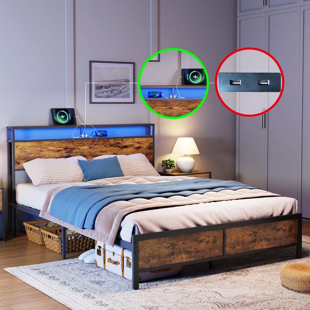 Anwick Industrial Full Bed Frame with LED Light Headboard, Metal Platform Bed with USB Charging Station, Under Bed Storage, No Box Spring Needed (Black, Full)