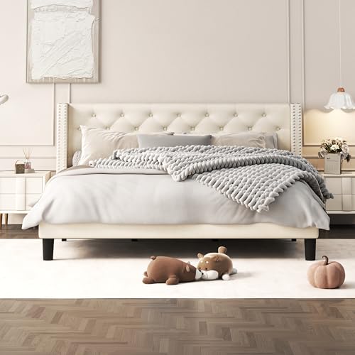 Lonkwa Full Size Bed Frame with Upholstered Wingback Headboard, Beige Platform Bed Frames with Tufted Diamond Button Headboard, Sturdy Wooden Slats, Noise-Free, Easy Assembly