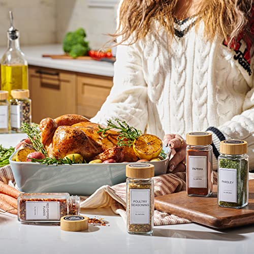 Glass Spice Jars with Label Set, Bamboo Lids & Funnel - Kitchen Airtight Storage Jars with Lids - Spices and Seasonings Sets Organizer, Spice Glass Jar with Lid Food Canister Bottle Sugar Shaker