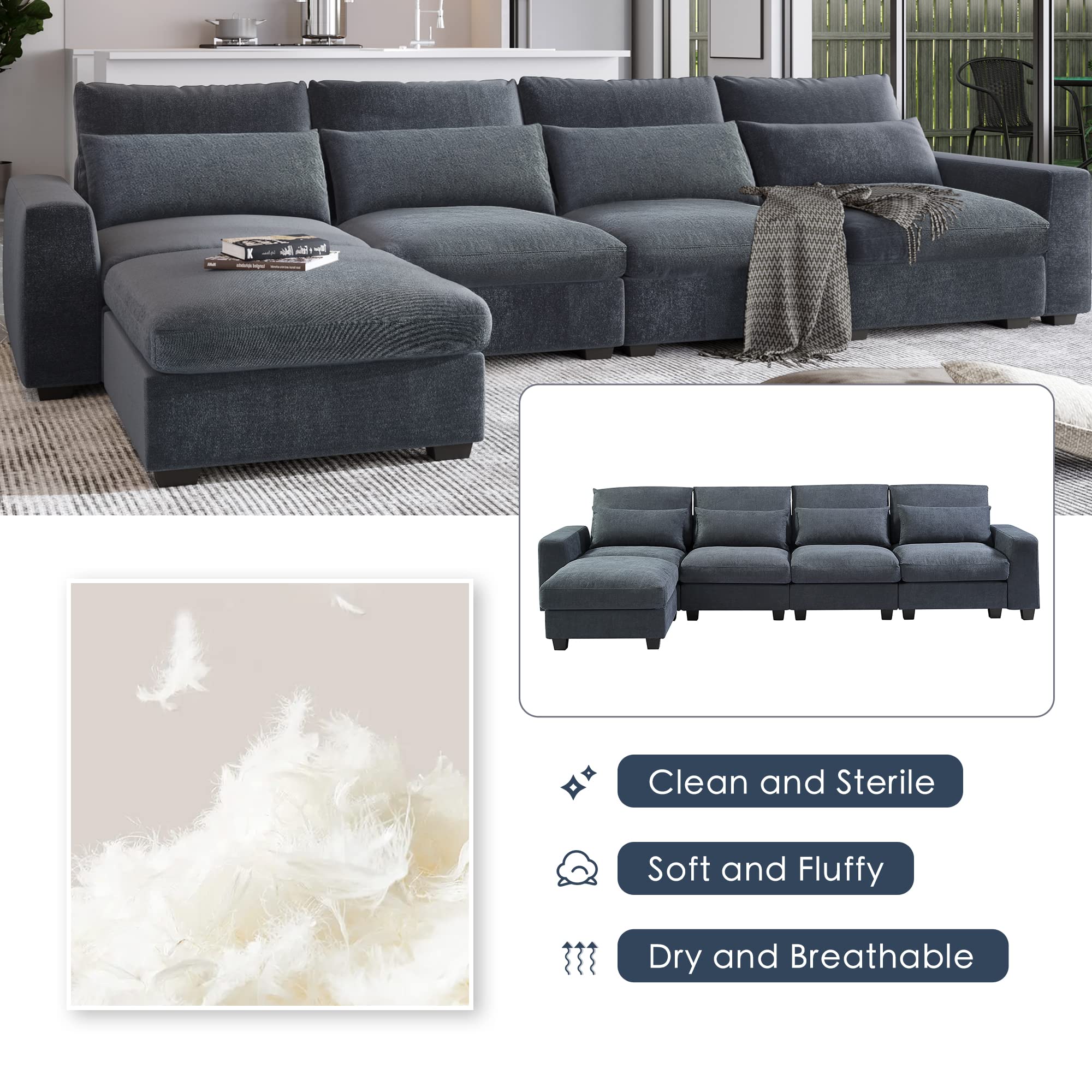 Aiuyesuo L-Shape Feather Filled Sectional Sofa, Convertible Sofa with Reversible Chaise and 4 Pillows, Movable Ottoman Sectional Couch for Living Room, Apartment, Dorm (Dark Gray-KK01)