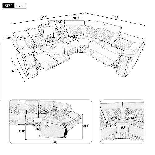 Merax, Black Home Theater Seating Manual Cup Holder, Hide-Away Storage PU Reclining Sofa Couch for Living Room