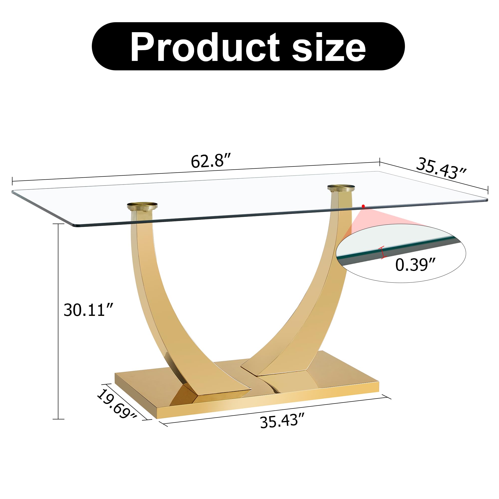 63" Glass Dining Table for 4 to 6 People, Modern Minimalist Kitchen Table with Tempered Glass Tabletop and Gold Metal Base, Large Rectangle Dining Room Table for Kitchen Dining Room