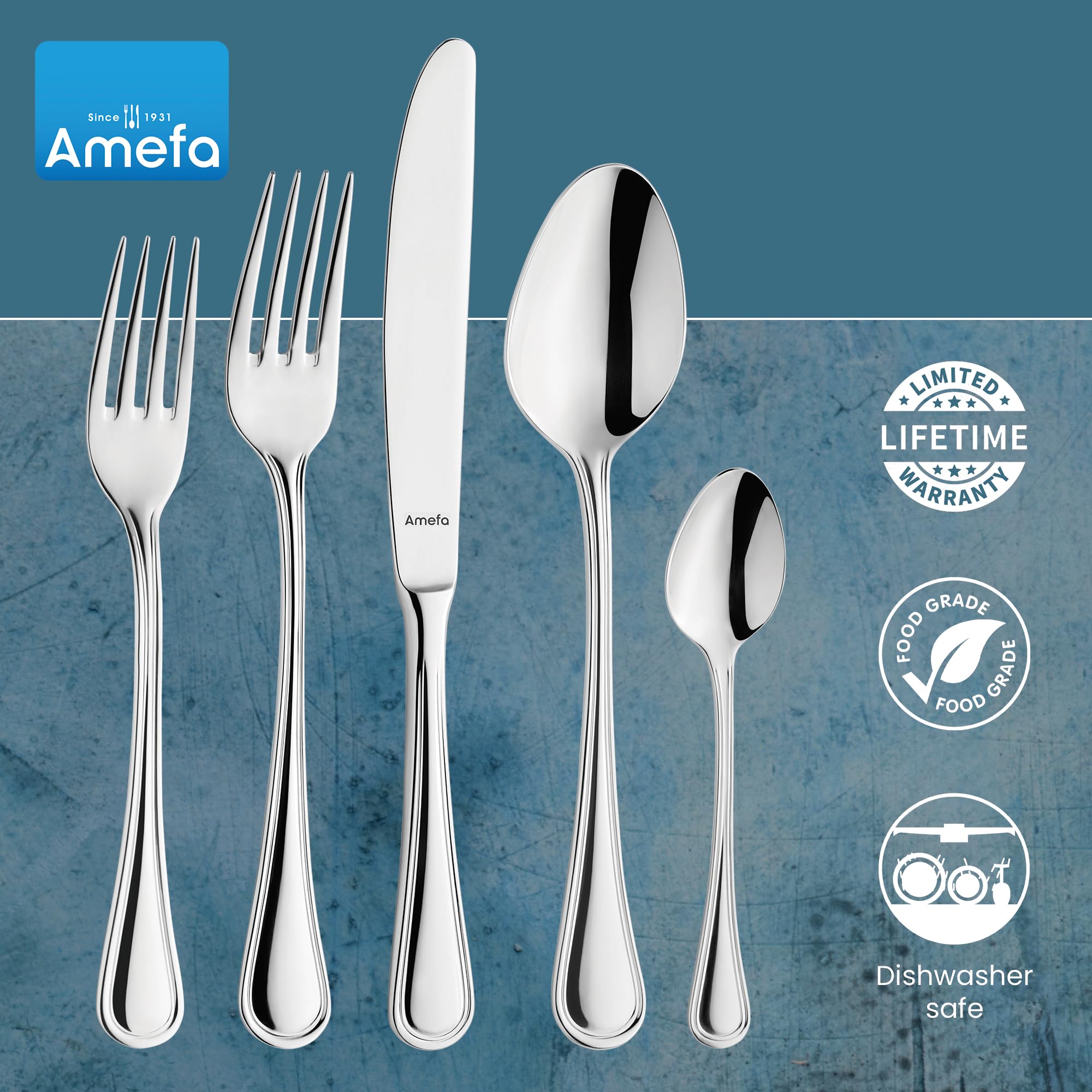 Amefa Haydn 20-piece 18/10 Stainless Steel Flatware Set, High Gloss Mirror Finish, Silverware Set Service for 4, Dishwasher Safe, Rust resistant Cutlery.