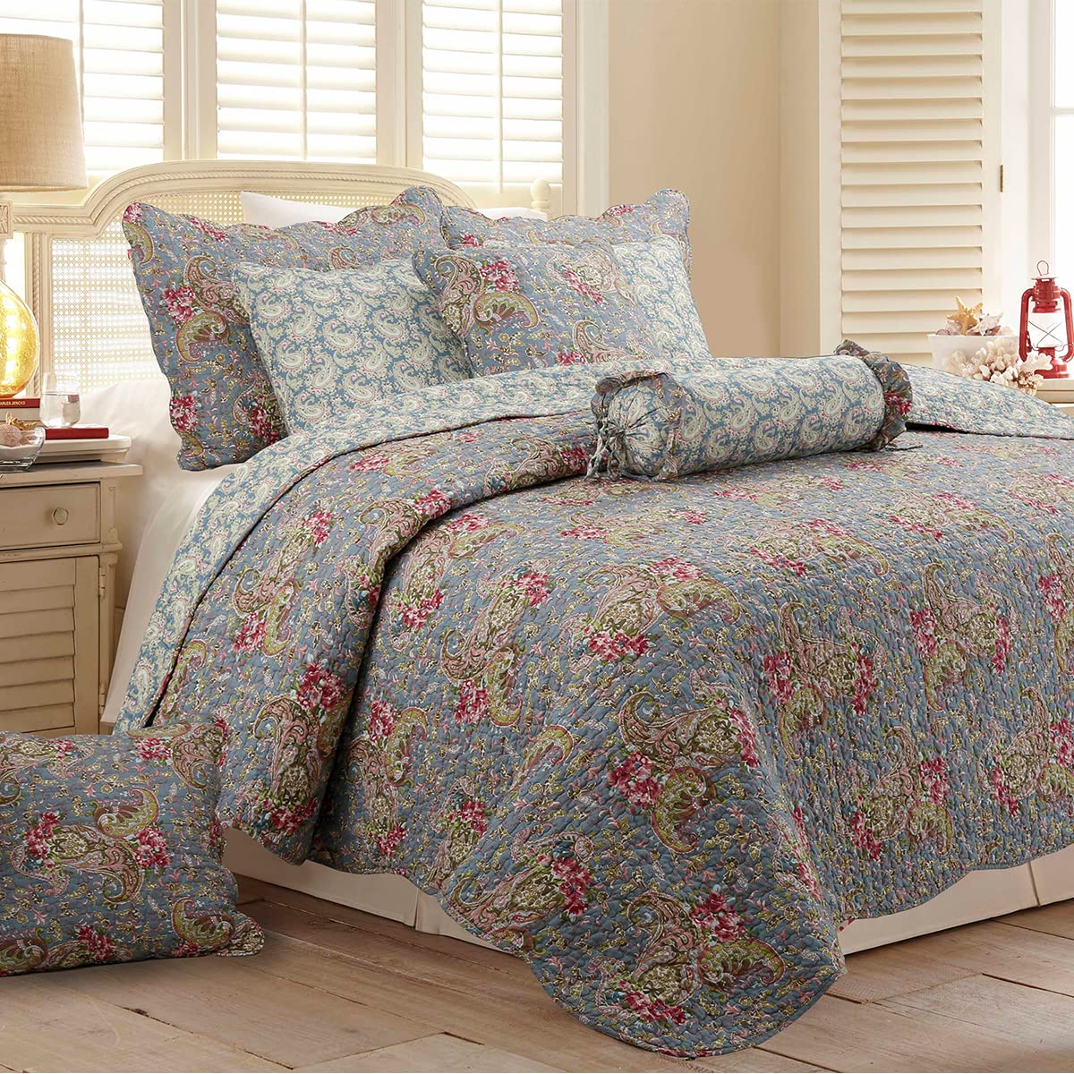 Cozy Line Home Fashions Cottage French Floral Country 100% Cotton Reversible Bedding Quilt Set, Bedspread, Coverlet (Provence Garden, Queen - 3 Piece)