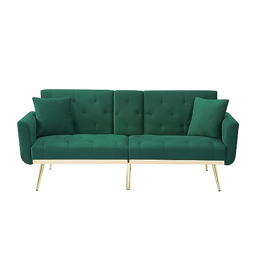 Eafurn Convertible Futon Sofa Bed with 2 Cup Holders, Modern Velvet Split-Back Folding Loveseat Sleeper Couches w/Adjustable Tufted Backrest,Square Armrest Sofabed, Dark Green 72.4" with 2 Pillows