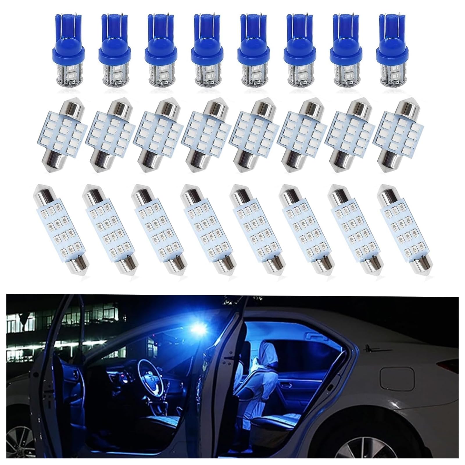 zvsay 24 PCS Interior Car Lights Bulbs, T10 31MM 42MM Festoon Bulbs, Dome Light LED Car Bulb Kit Set, LED Replacement Bulbs for Car Dome Map Door Courtesy License Plate Lights (Blue)