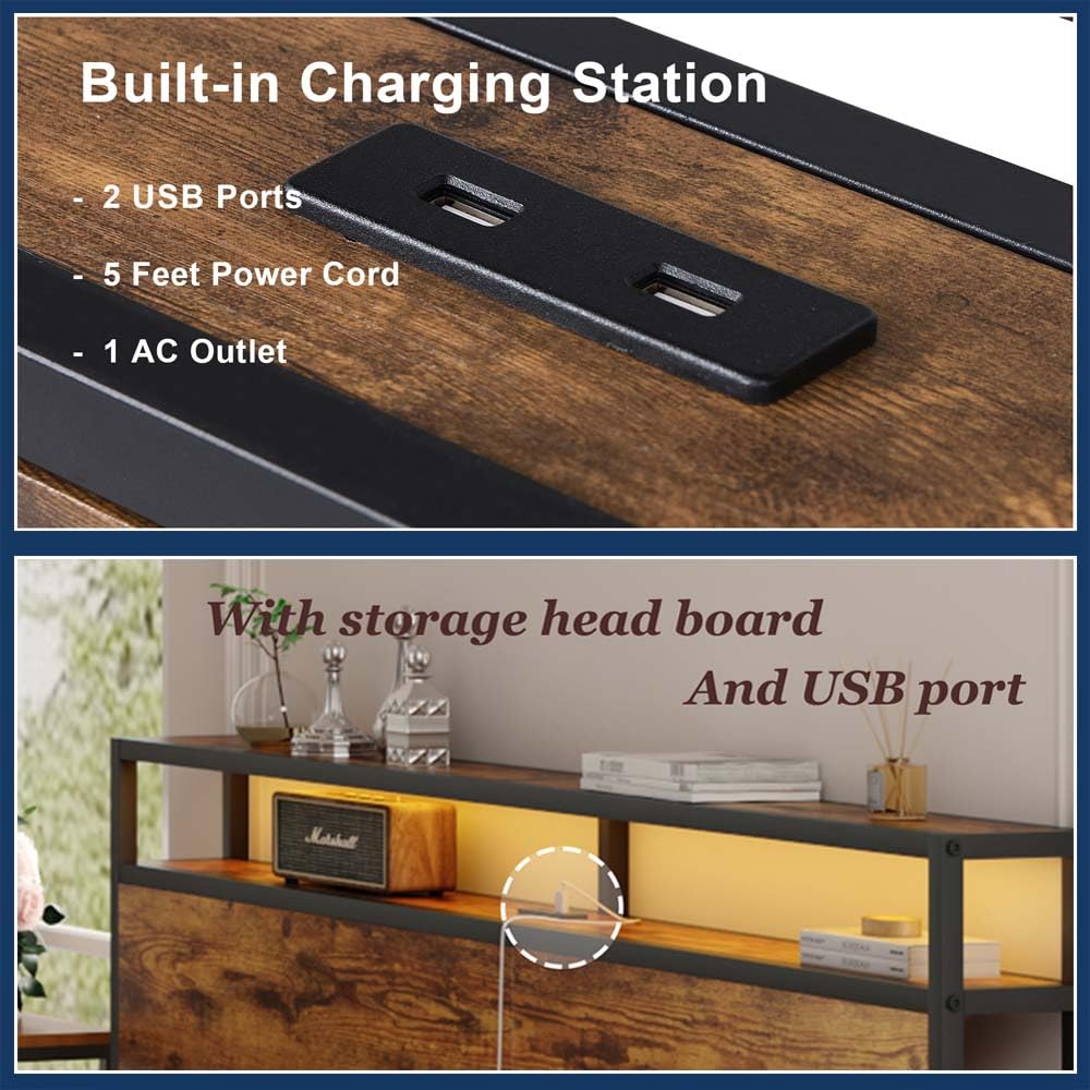 Anwick Industrial Full Bed Frame with LED Light Headboard, Metal Platform Bed with USB Charging Station, Under Bed Storage, No Box Spring Needed (Black, Full)