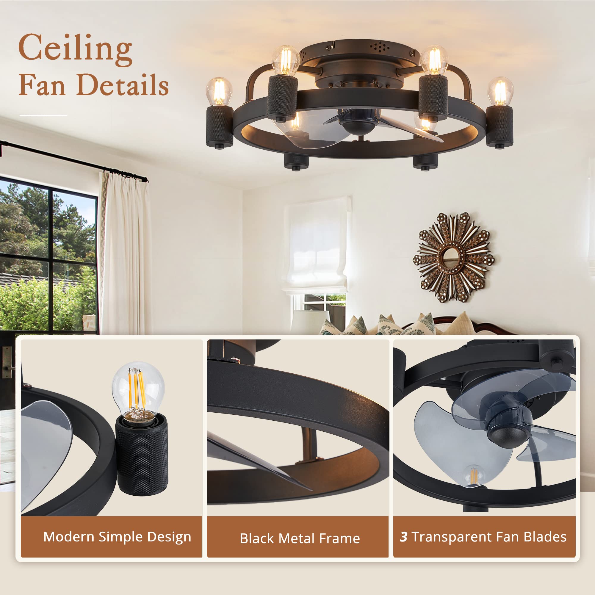 LEDIARY Low Profile Ceiling Fans with Lights Black, Flush Mount Ceiling Fan with Light, Modern Farmhouse Industrial Small Ceiling Fan with Remote for Bedroom,Kitchen,Home