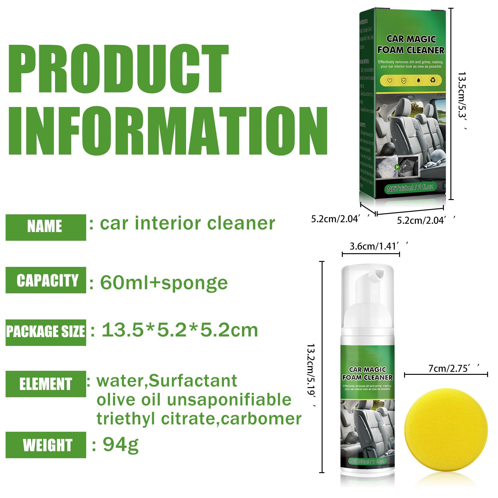 Ganbaro Car Magic Foam Cleaner, Powerful Upholstery and Car Seat Stain Remover, Multipurpose Foam Cleaner for Car Detailing - 60ml with Cleaning Sponge