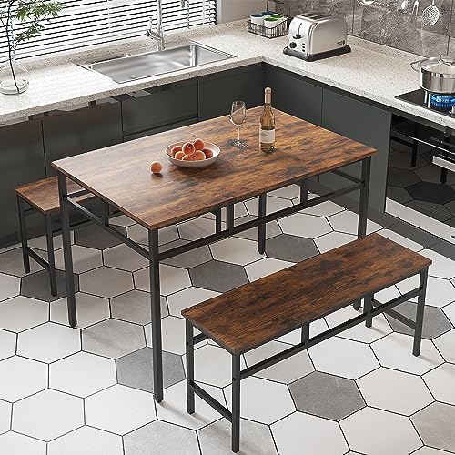 Tensun Dining Room Table Set for 4, Extendable Kitchen and Dining Room Tables and Chairs with Metal Frame, Rectangle Dining Table for Breakfast Nook, Living Room, Rustic Brown