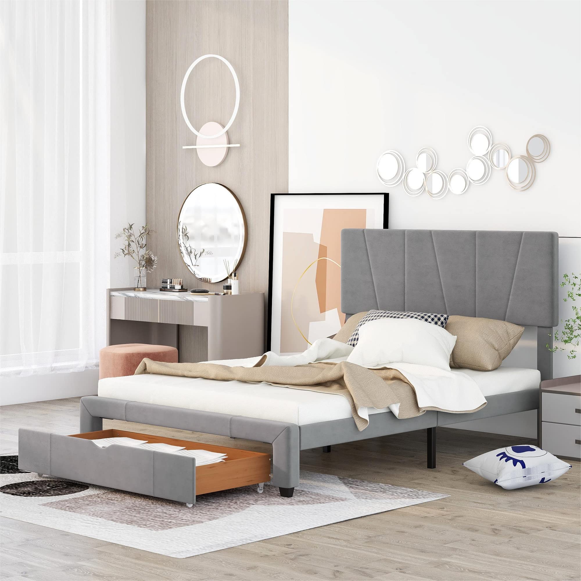 DHPM Queen Size Upholstered Platform Bed with 1 Large Drawer, Wood Bed Frame with Wing Back Headboard, Solid Wood Slats Supported, No Box Spring Needed