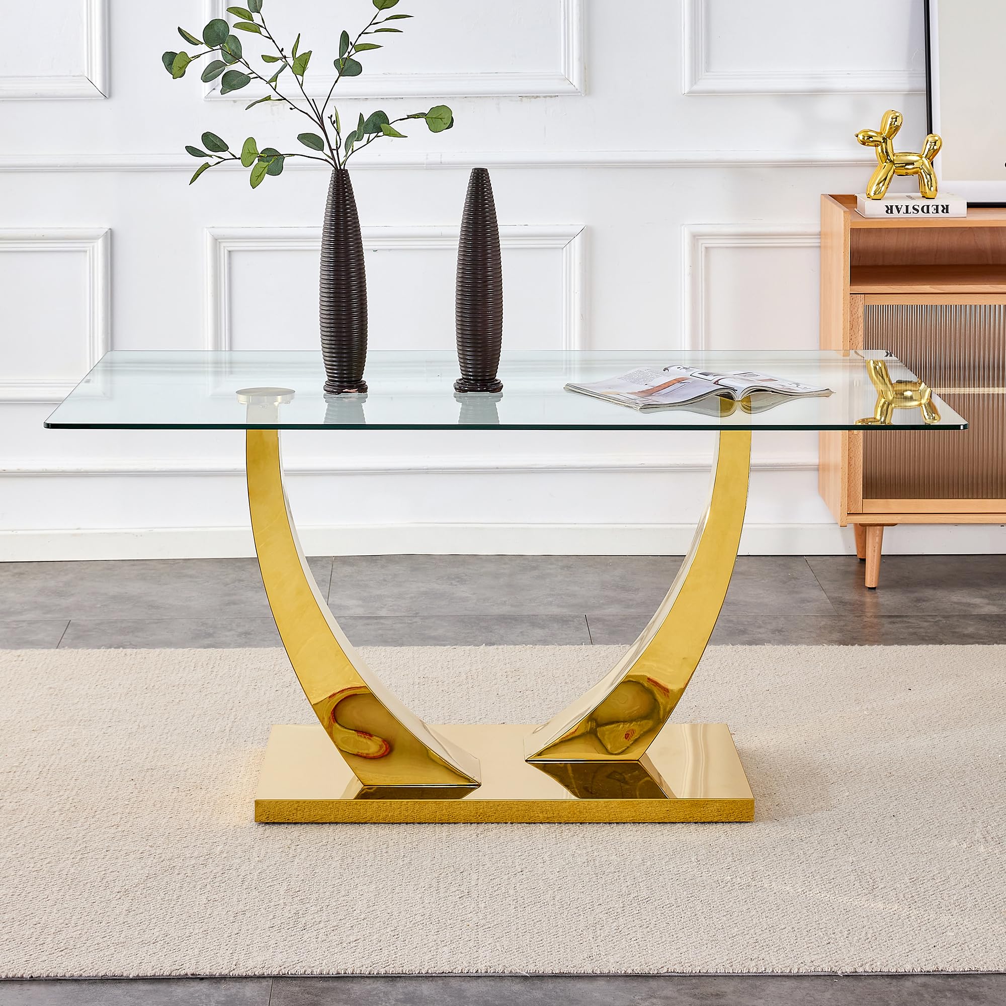 63" Glass Dining Table for 4 to 6 People, Modern Minimalist Kitchen Table with Tempered Glass Tabletop and Gold Metal Base, Large Rectangle Dining Room Table for Kitchen Dining Room