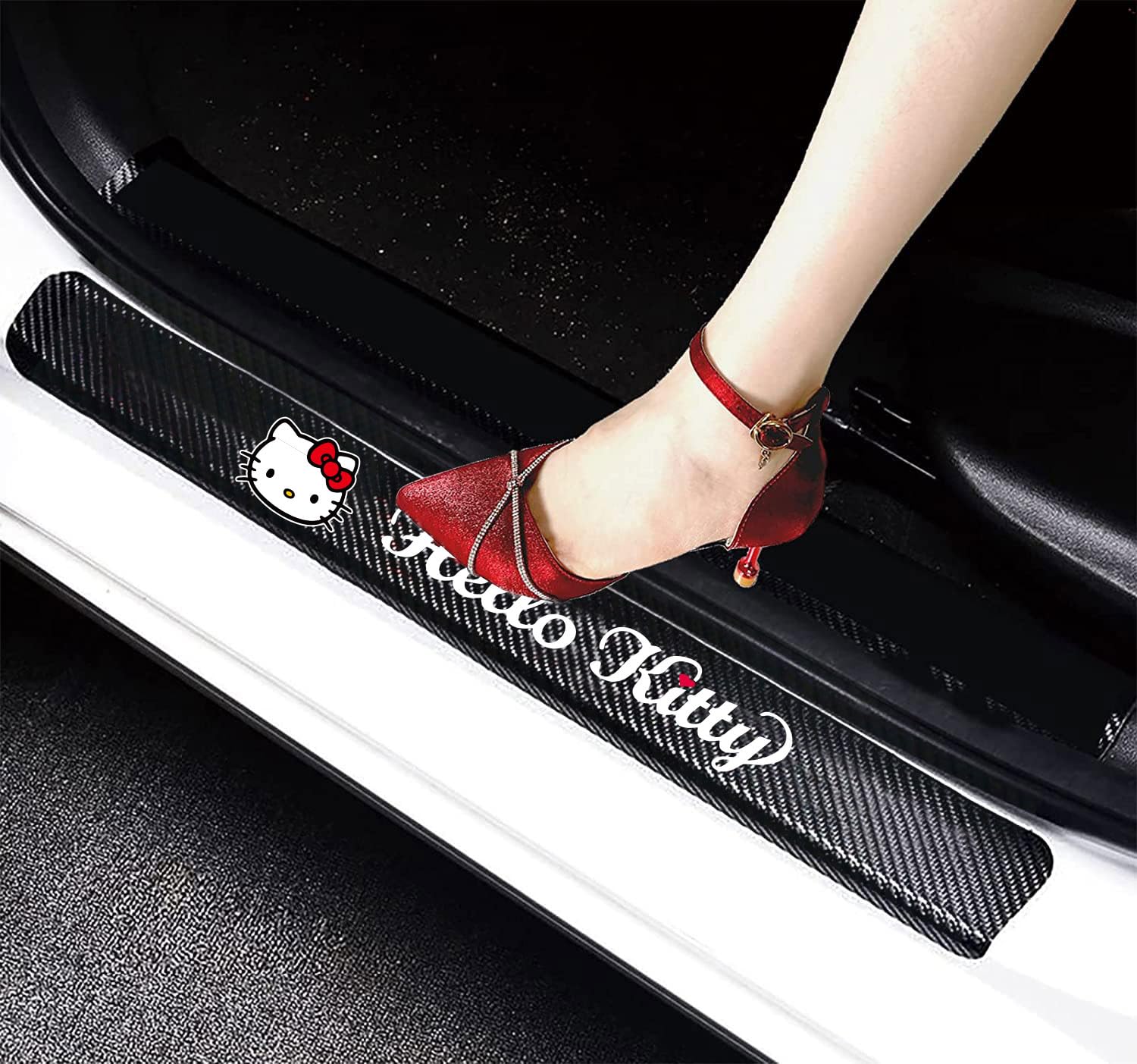 for Hello Kitty Fans Car Door Edge Guards Door Sill Protective Sticker,4PCS Carbon Fiber Car Door Threshold Step Protective Film,Car Door Step Scratch Protector,Universal Fit for Toyota Jeep Audi