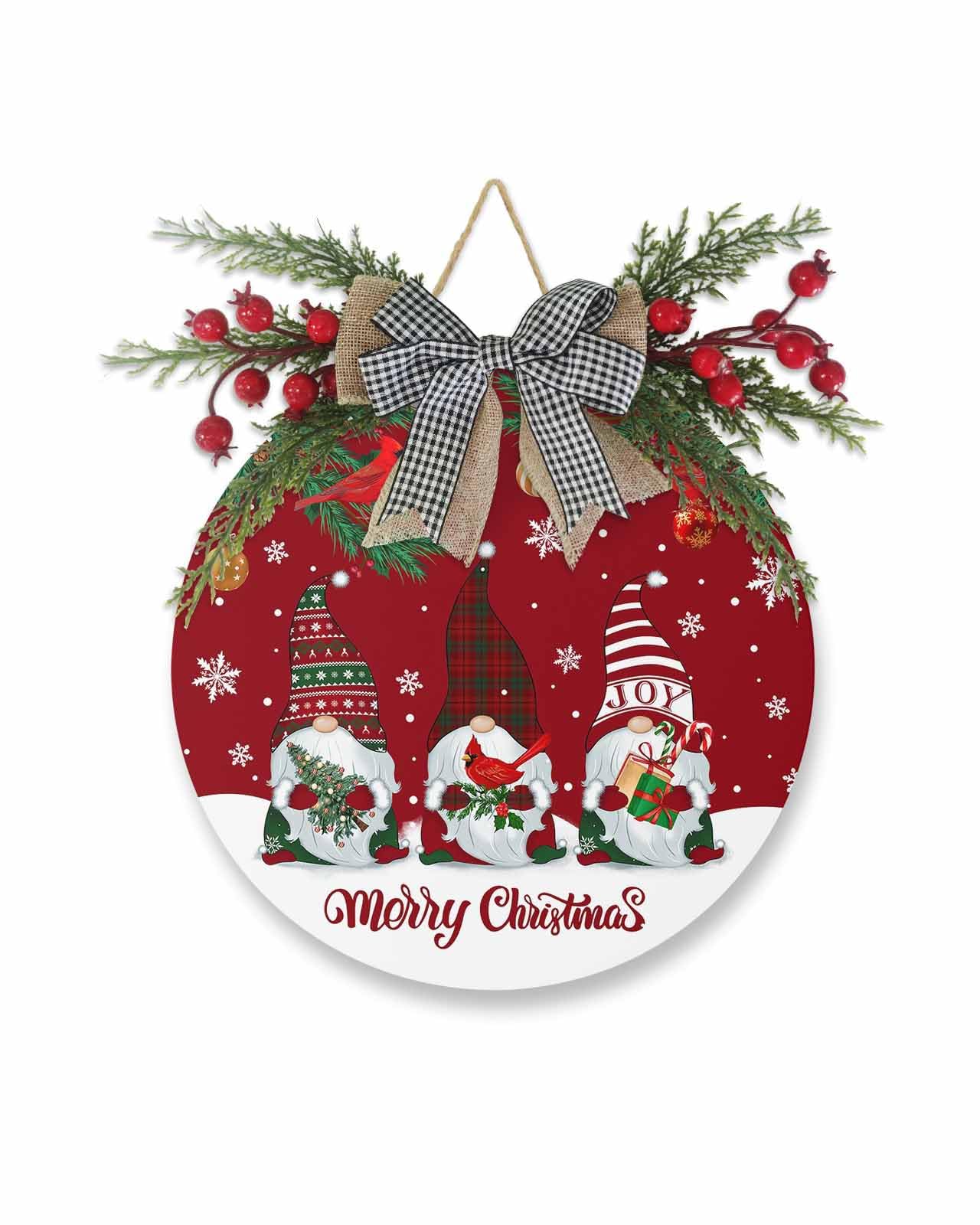 Merry Christmas Welcome Sign for Front Door Porch Decor, Gnomes Wreaths for Indoor Outdoor Wall Hanging, Red Cardinals Snowflake Gift Round Wooden Plaque Decoration for Home Front Door, 12 x 12 Inch