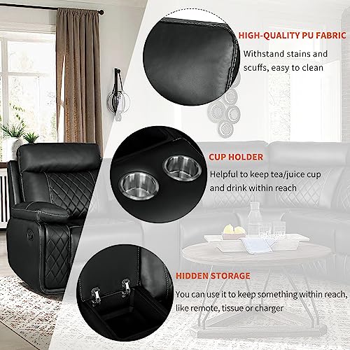 Merax, Black Home Theater Seating Manual Cup Holder, Hide-Away Storage PU Reclining Sofa Couch for Living Room