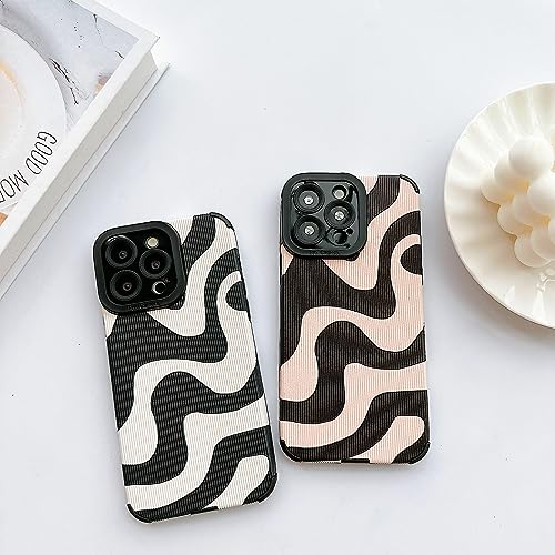 INJPCUCA Designed for iPhone 13 Pro Max Case, Cute Wave Pattern Design Black Protective Case for Women Girls PU Leather Silicone Slim Shockproof Cover for iPhone 13 Pro Max 6.7", Beige Pink