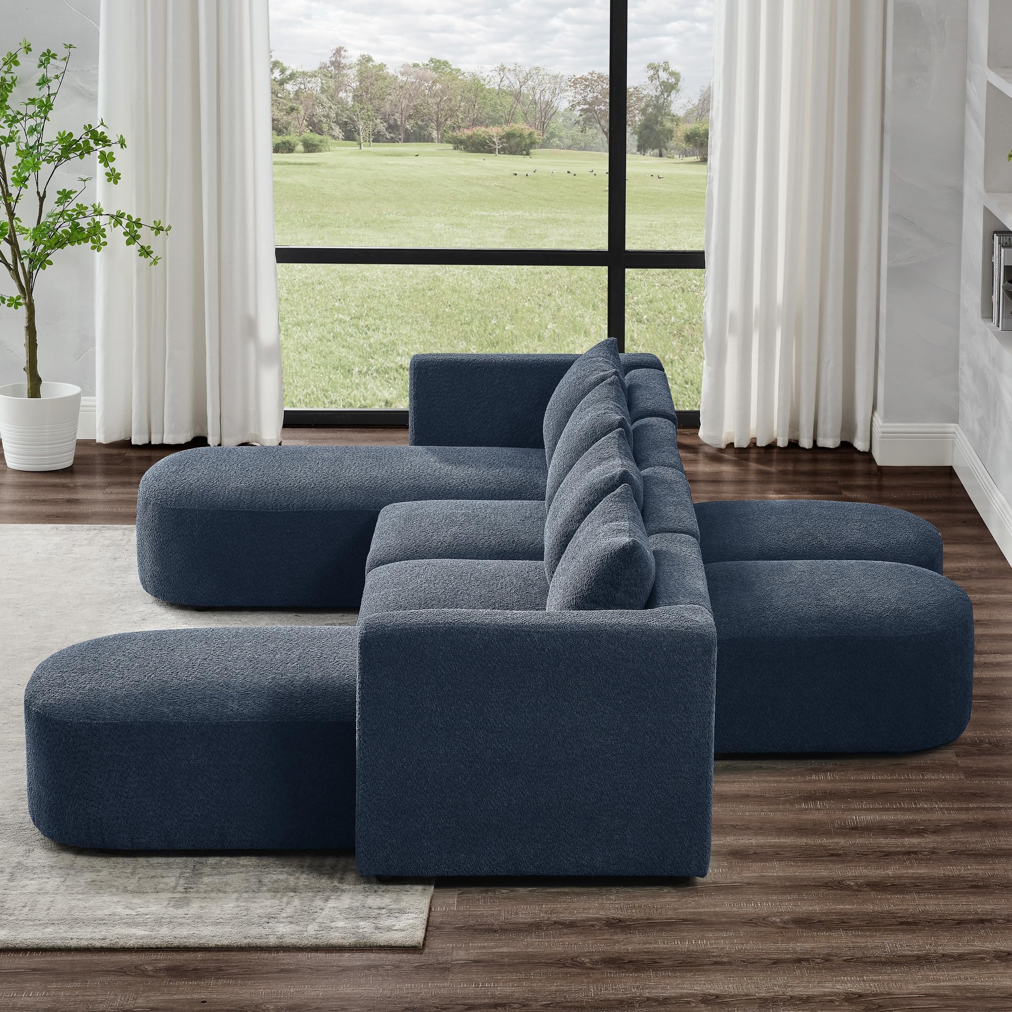 DHPM Modular Sectional, U-Shaped Couch with Double Chaise & Pillows, Modern Minimalist Boucle Fabric Large Comfy Sofa for Living Room Office Apartment, 117 inch, Navy