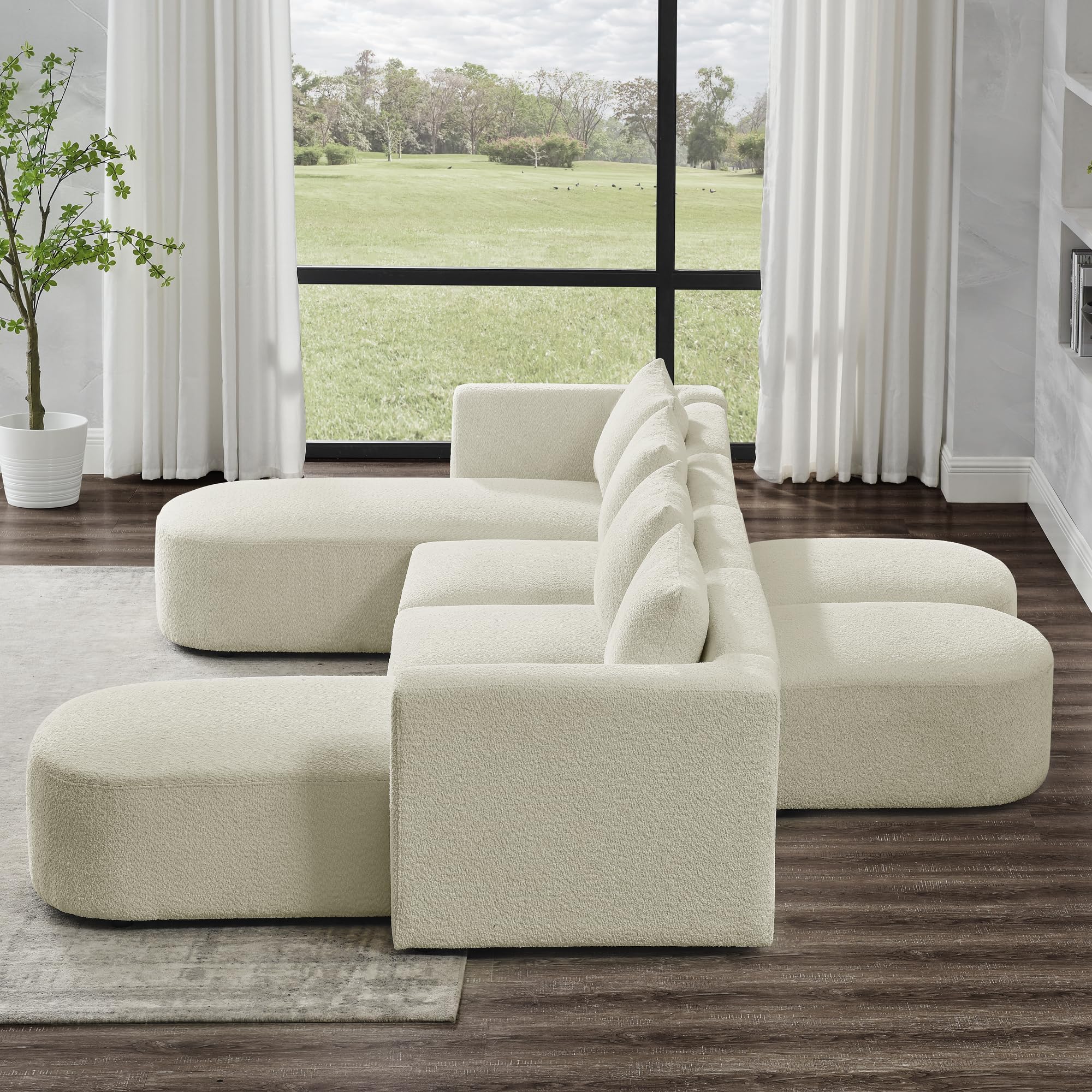DHPM Modular Sectional, U-Shaped Couch with Double Chaise & Pillows, Modern Minimalist Boucle Fabric Large Comfy Sofa for Living Room Office Apartment, 117 inch, Beige