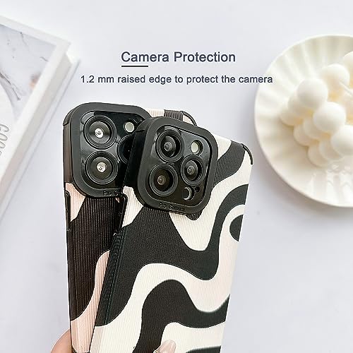INJPCUCA Designed for iPhone 13 Pro Max Case, Cute Wave Pattern Design Black Protective Case for Women Girls PU Leather Silicone Slim Shockproof Cover for iPhone 13 Pro Max 6.7", Beige Pink