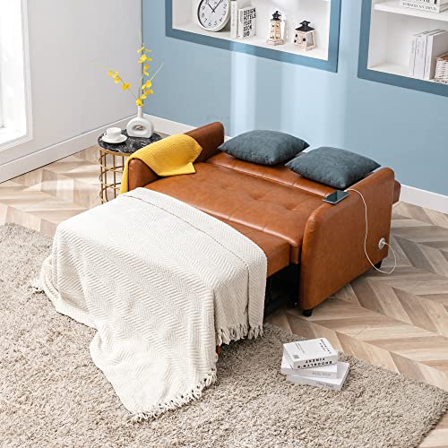 ERYE 3 in 1 Faux Leather Upholstered Sofa Loveseat Convertible Sleeper Couch Bed,Modern 2-Seaters Love Seat Sofa&Couch Functional Daybed with USB Charging Ports for Small Space Living Room