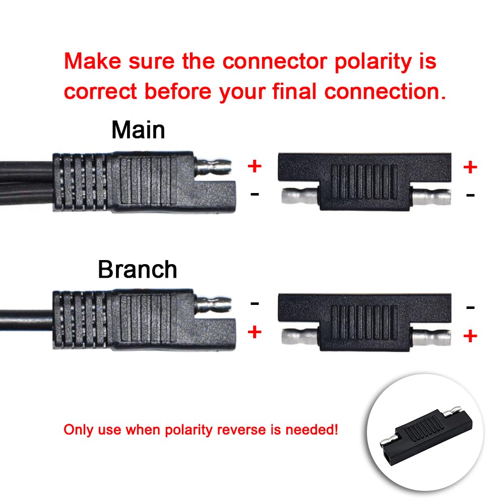 JINKAIMING SAE DC Power Y Splitter 2 Way Cable 18AWG 25cm/10inch, Polarity Reverse Adapter, SAE Outlet Expansion 1 to 2 Extension Cord with Dust Cap for Battery Charge Solar Panel Camera ATV Trailer