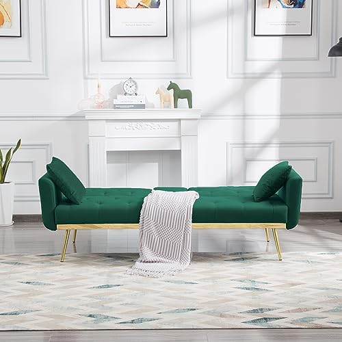 Eafurn Convertible Futon Sofa Bed with 2 Cup Holders, Modern Velvet Split-Back Folding Loveseat Sleeper Couches w/Adjustable Tufted Backrest,Square Armrest Sofabed, Dark Green 72.4" with 2 Pillows