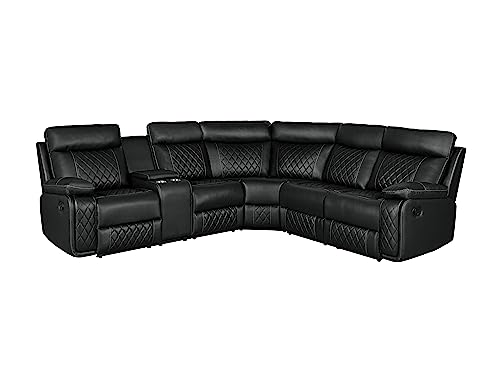 Merax, Black Home Theater Seating Manual Cup Holder, Hide-Away Storage PU Reclining Sofa Couch for Living Room