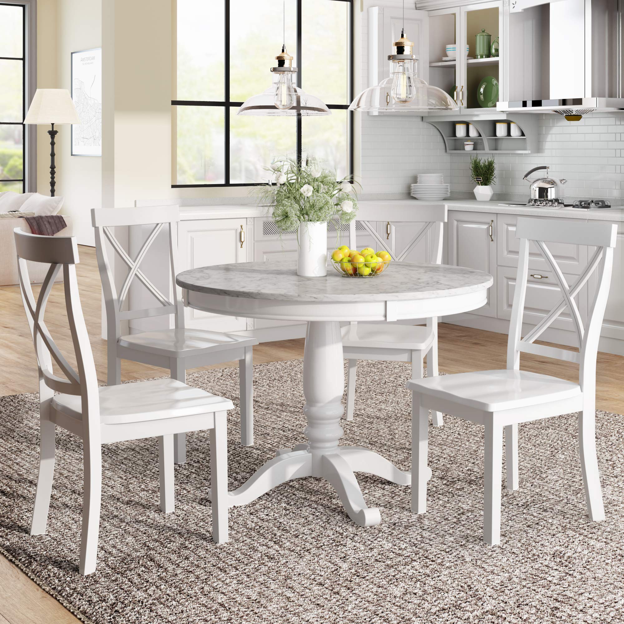 OPTOUGH 5 Piece Round Dining Table Set for 4, Marble Veneer and X Back 4 Solid Wood Chairs, 42-Inch, White