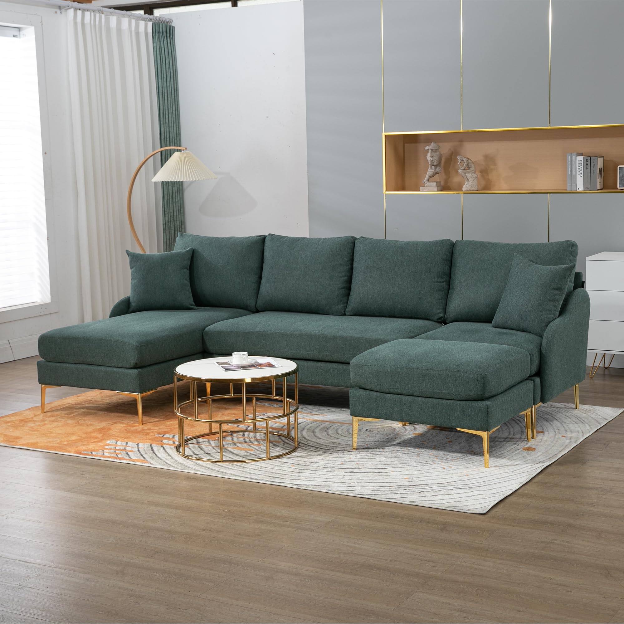 Haplized Modern U-Shape Sectional Sofa, 110'' Reversible Left or Right Chaise of Sectional Couch, 4-Seat Couch with Chaise and Ottoman, Comfortable Sectional Couches for Living Room Apartment, Green
