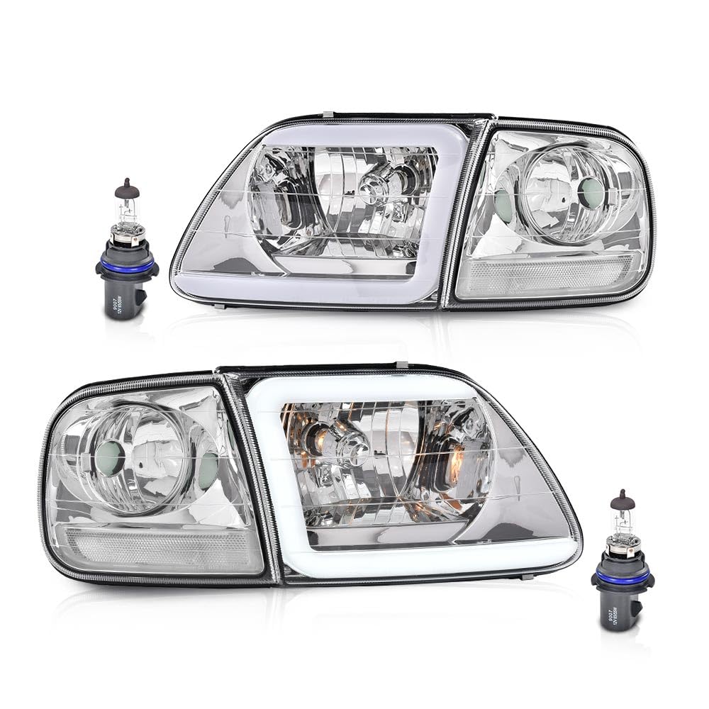CHEDA Clear Lens Chrome Housing Clear Reflector Lightning Style LED DRL strip Headlights & Corner Parking Lights Kit Pair Compatible with 1997-2002 Ford Expedition/2004 F150 Heritage/1998-2003 F150