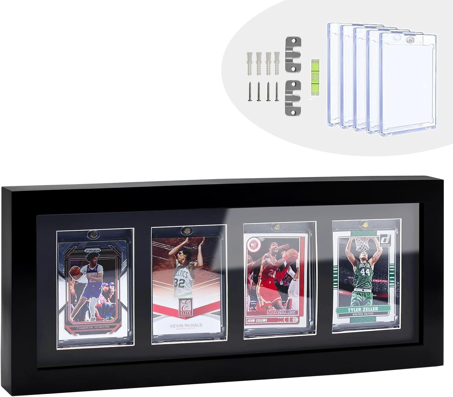 4Grids Trading Cards Display Frame, 100% Solid Wood Frame with 4 Pieces Magnetic Card Holder for Football, Basketball, Hockey Collector Cards(Standard Cards, Black)