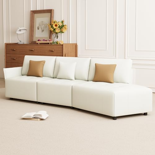 BAMOOLI 120'' Leather Curved Sectional Couches, Mid-Century Modern Leather Sectional Sofa Couches with 3 Pillows, Modular Sectional Couch Real Leather Sofas for Living Room, Bedroom, Apartment, Beige