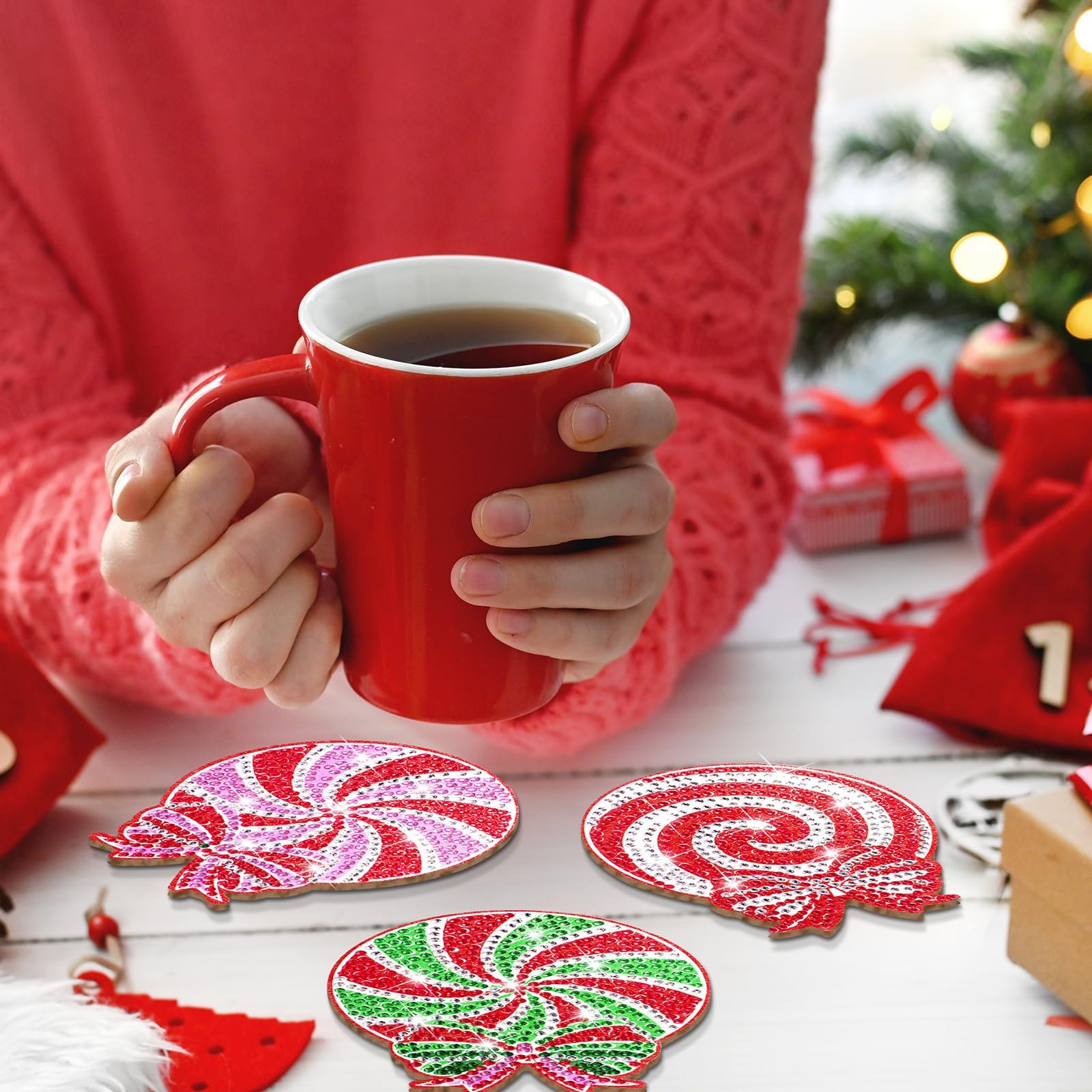 YLOLUL 10 Pcs Christmas Candy Diamond Art Coasters Kits DIY Candy Diamond Art Coasters with Holder for Beginners Adults and Kids Art Craft Supplies Gift