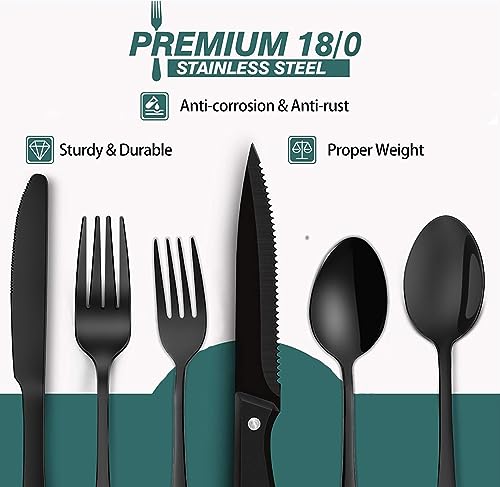 Black Silverware Set with Steak Knives,Black Flatware Set for 12,72-Piece Stainless Steel Tableware Cutlery Set,Kitchen Utensils Spoon and Fork Set,Dishwasher Safe