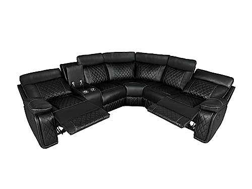 Merax, Black Home Theater Seating Manual Cup Holder, Hide-Away Storage PU Reclining Sofa Couch for Living Room