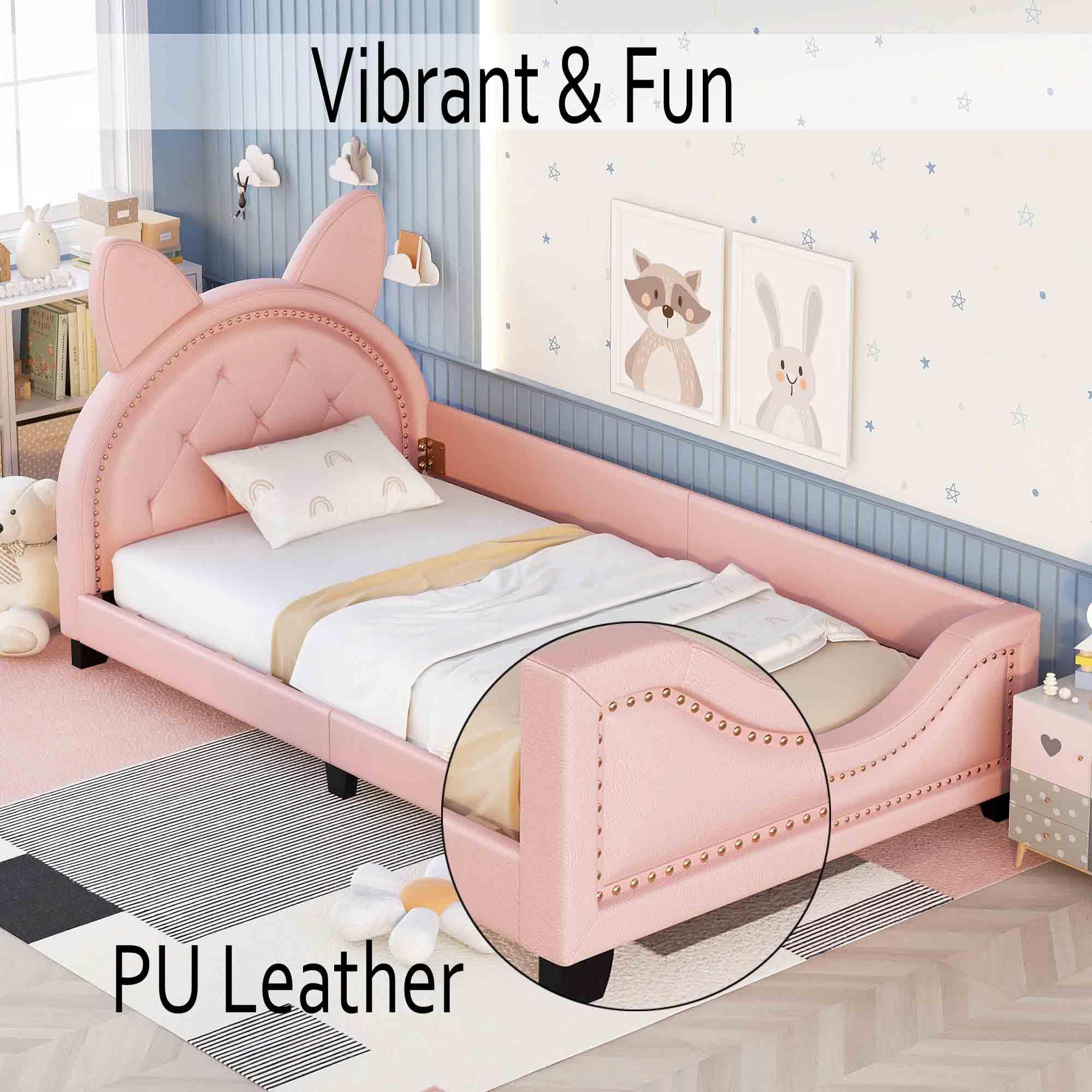 RIDFY Daybed with Headboard, Rabbit-Shaped Camas, Wood Twin Platform Bed Frame for Girls Boys, Cute Upholstered Sofa Bed, PU Leather, Space-Saving, No Box Spring Needed (Pink)
