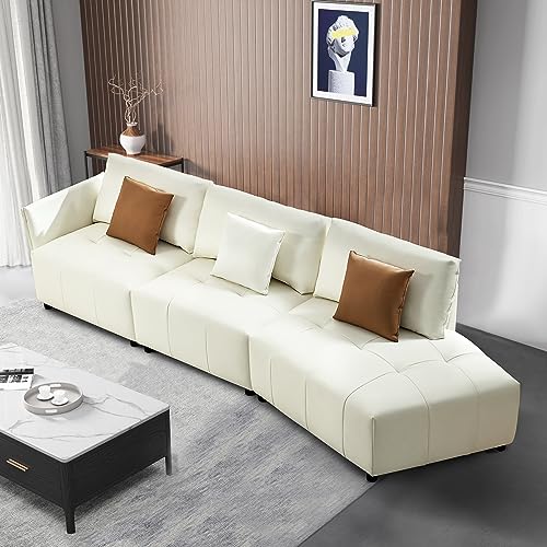 BAMOOLI 120'' Leather Curved Sectional Couches, Mid-Century Modern Leather Sectional Sofa Couches with 3 Pillows, Modular Sectional Couch Real Leather Sofas for Living Room, Bedroom, Apartment, Beige