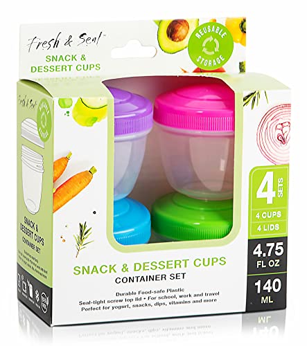Snack Containers (4 Set) - 4.75 Oz Small Food Storage Cups with Lids - Fruit, Nuts, Sauce, Condiments, Salad Container for Lunch Box - Reusable Dessert Cups, Microwave and Freezer Friendly, BPA-free (S/4 Multi)