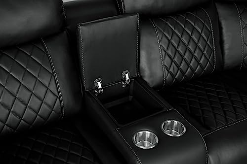 Merax, Black Home Theater Seating Manual Cup Holder, Hide-Away Storage PU Reclining Sofa Couch for Living Room