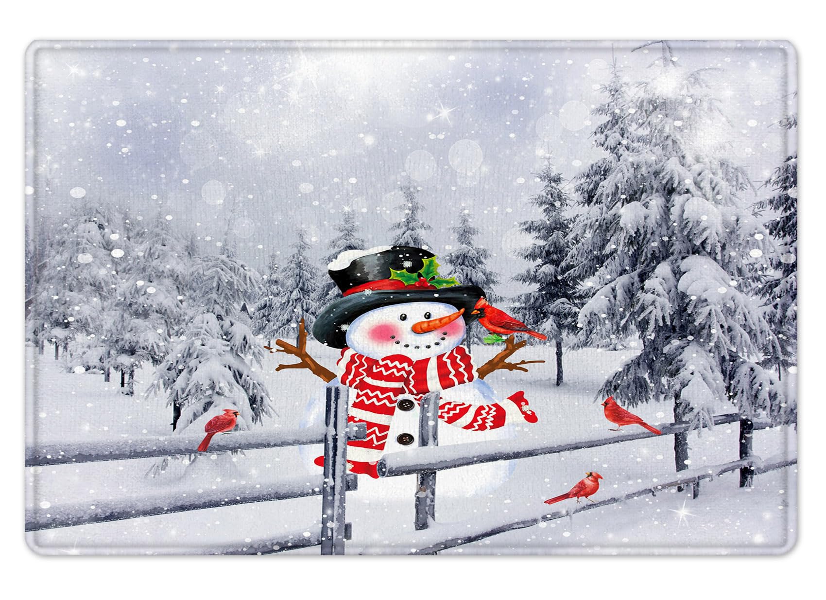 LB Winter Snowman Bath Mat Red Cardinal on Farmhouse Fence Area Rug for Bathroom Grey Pine Tree with Snowflake Doormat Non Slip Memory Foam Super Absorbent Floor Mats,24Wx16H Inch