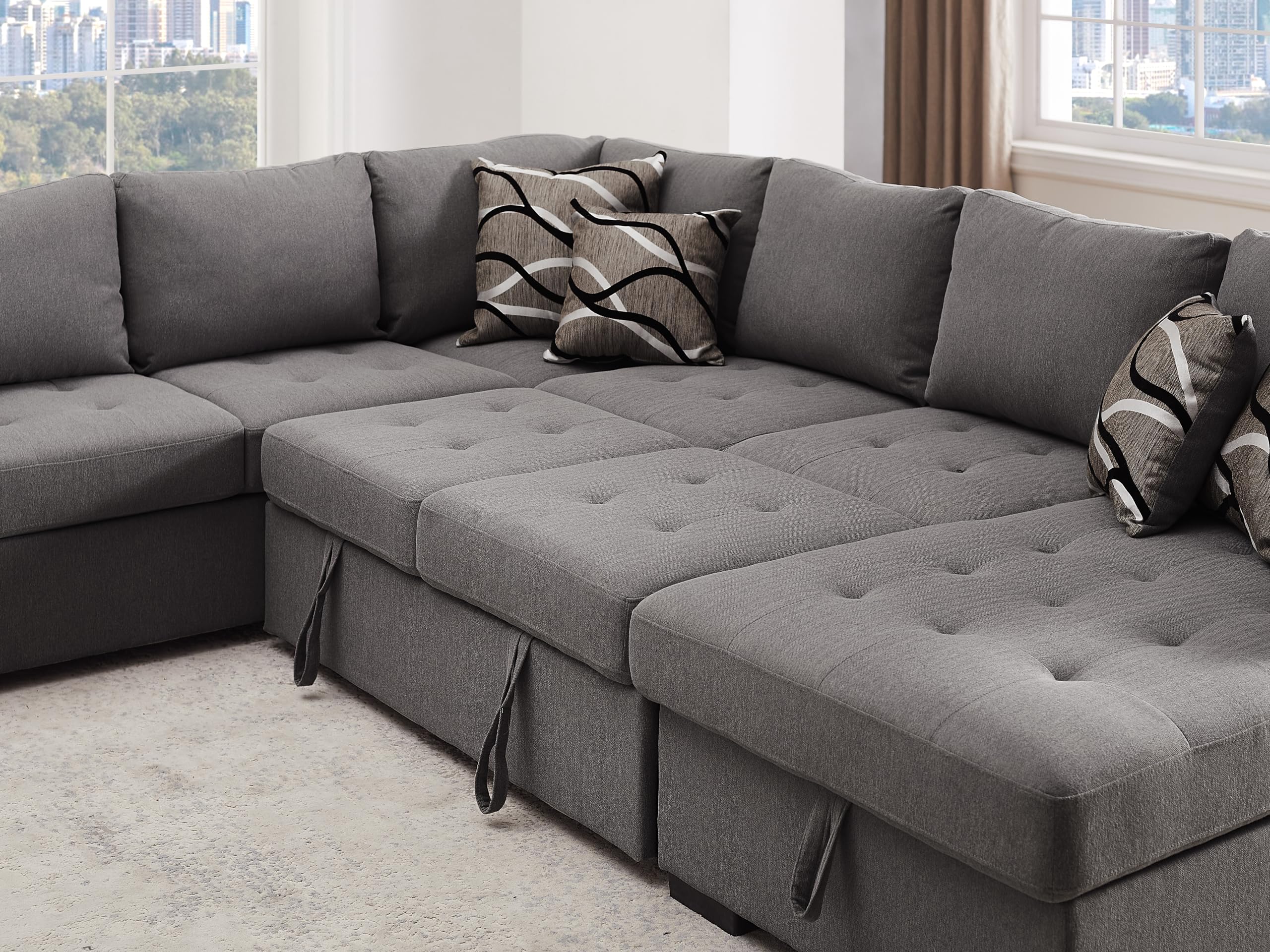 THSUPER Sectional Sleeper Sofa Couch Pull Out Bed with Storage Chaise, U Shape Oversized Sectionals Couches for Living Room, 6 Seater Gray